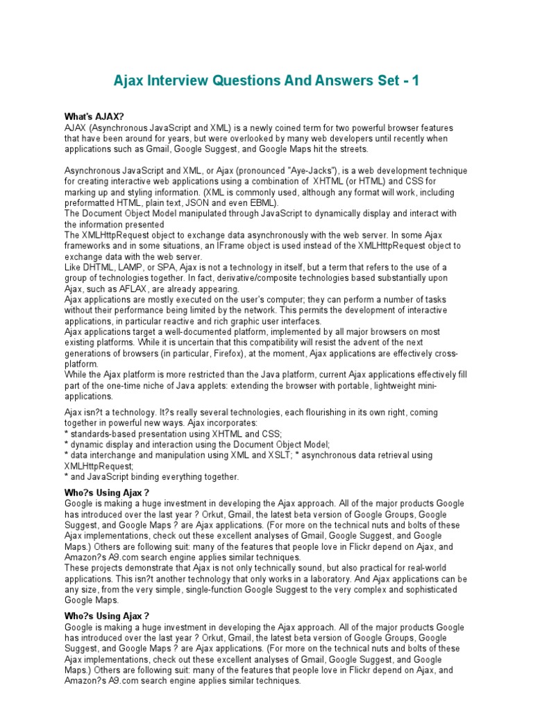 Ajax Interview Questions And Answers Set Pdf Ajax Programming
