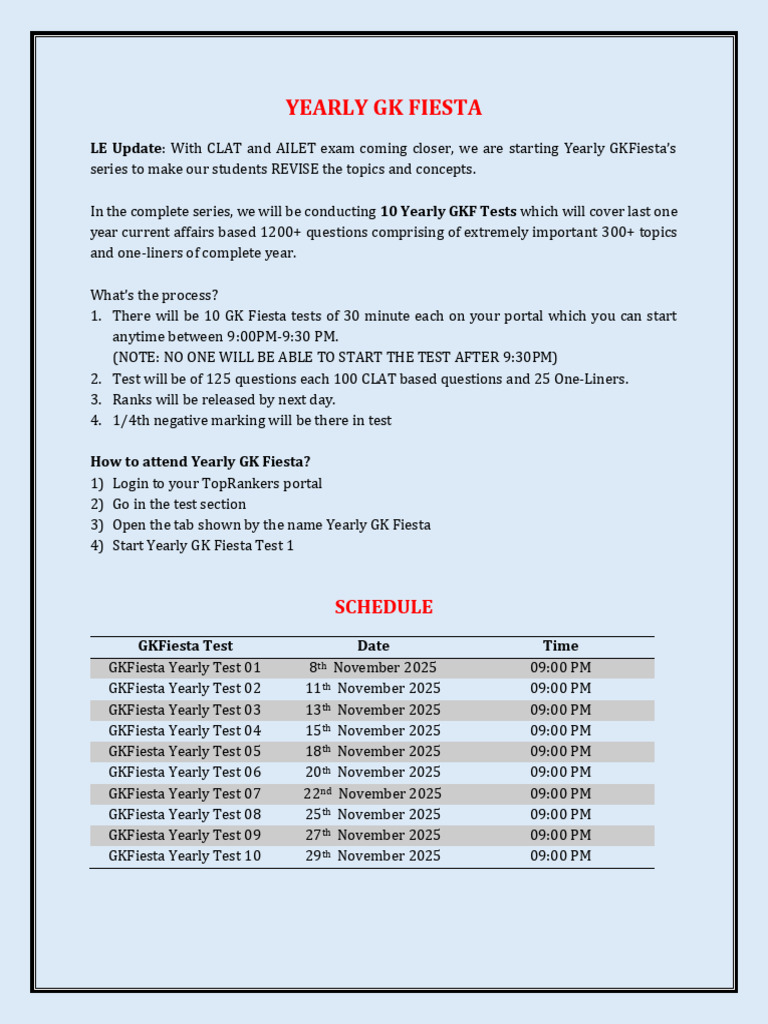 Yearly GK Fiestas Schedule & Syllabus 2025 | PDF | International ...