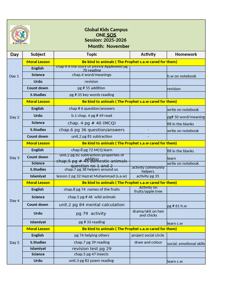 Grade One November Lesson Plan 2025 Edited | PDF