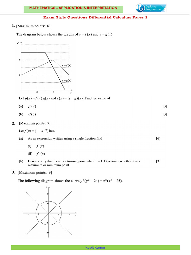 Exam Style Question Differential Calculus Paper 1 | PDF