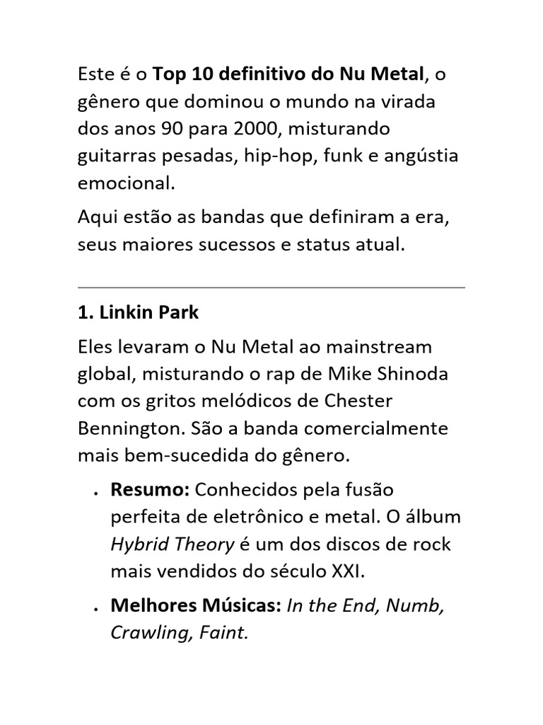 Resumo Completo Das Melhores Bandas de Nu Metal Dos Anos 2000 | PDF ...