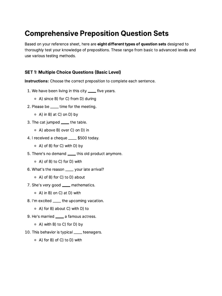 Comprehensive Preposition Tests | PDF