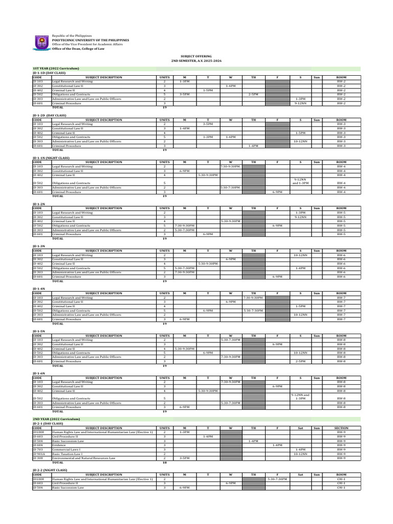 PUP Law Course Offerings AY 2025-2026 | PDF | Juris Doctor ...