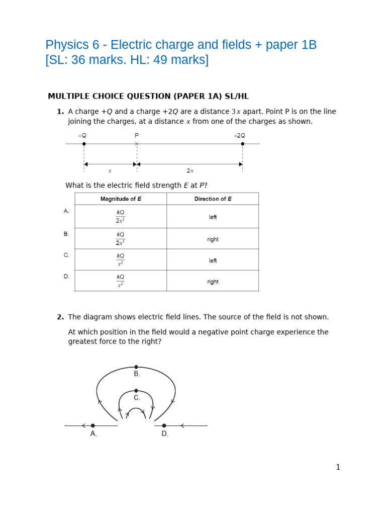 Physics 6 - Electric Charge and Fields + Paper 1B | PDF | Electric ...