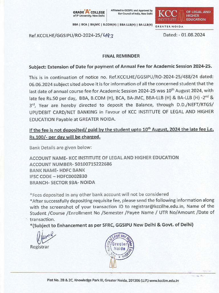 Fees Notice 2024-25.PDF (Reminder) | PDF