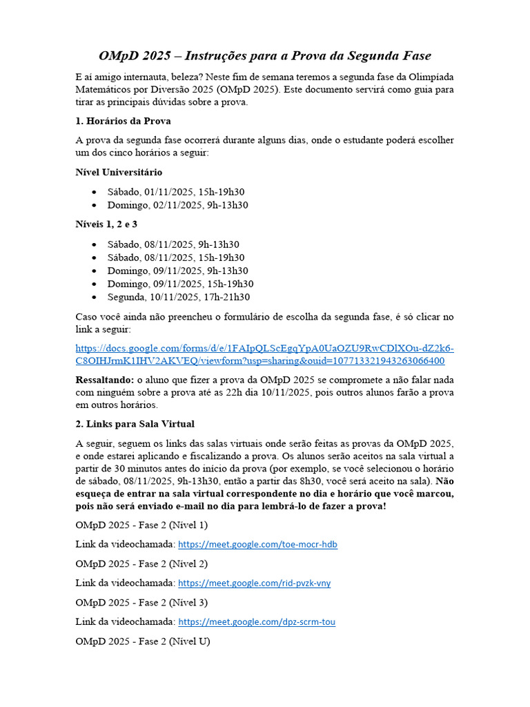 Instruções OMpD 2025: Prova Fase 2 | PDF | Tempo | Celulares