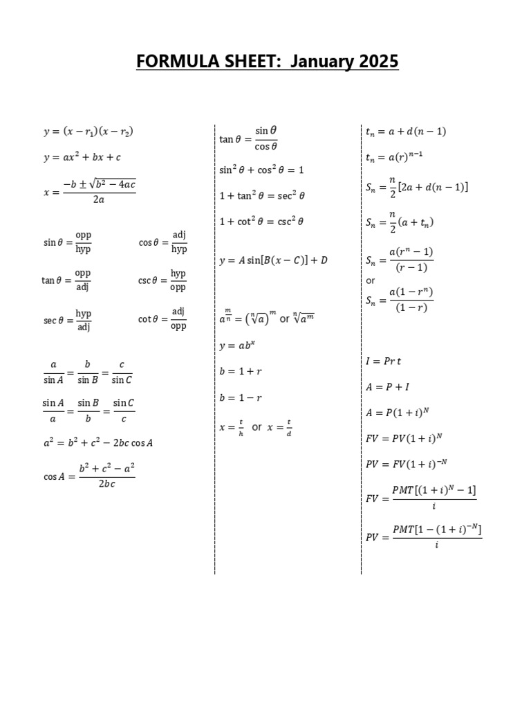 Exam Formula Sheet Jan. 2025 | PDF