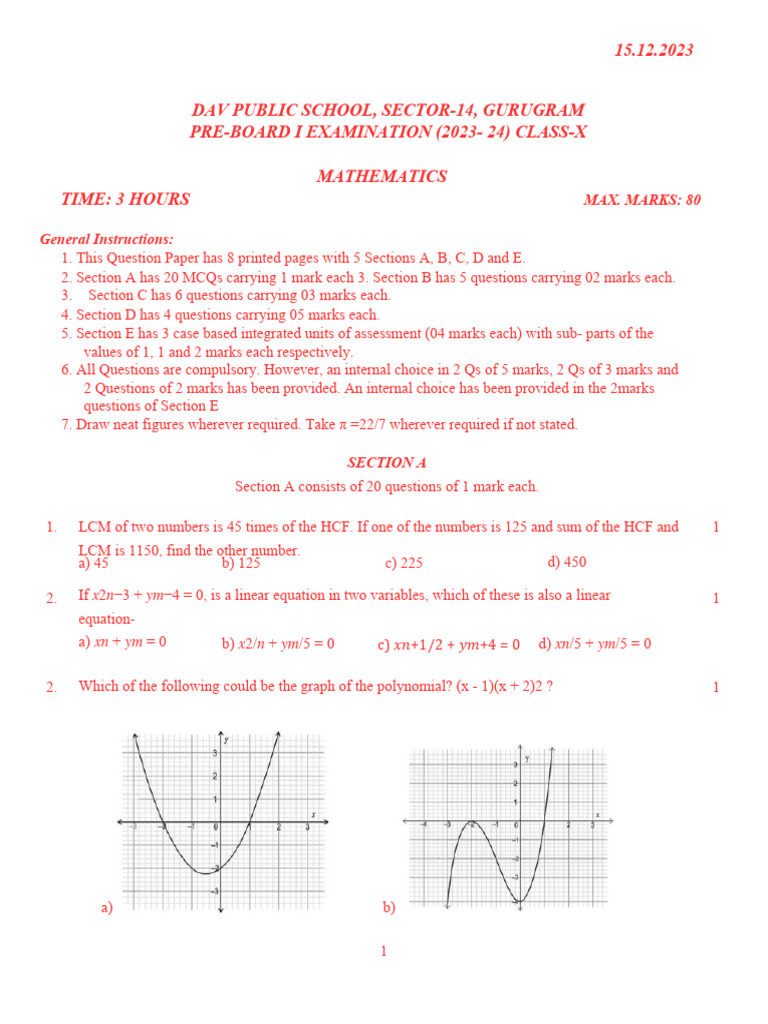 Class-X Mathematics Pre Board I(2023-24).PDF | PDF | Area | Circle