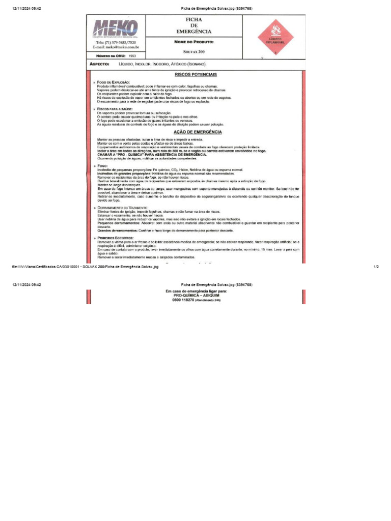 Ficha de Emergência Solvax | PDF