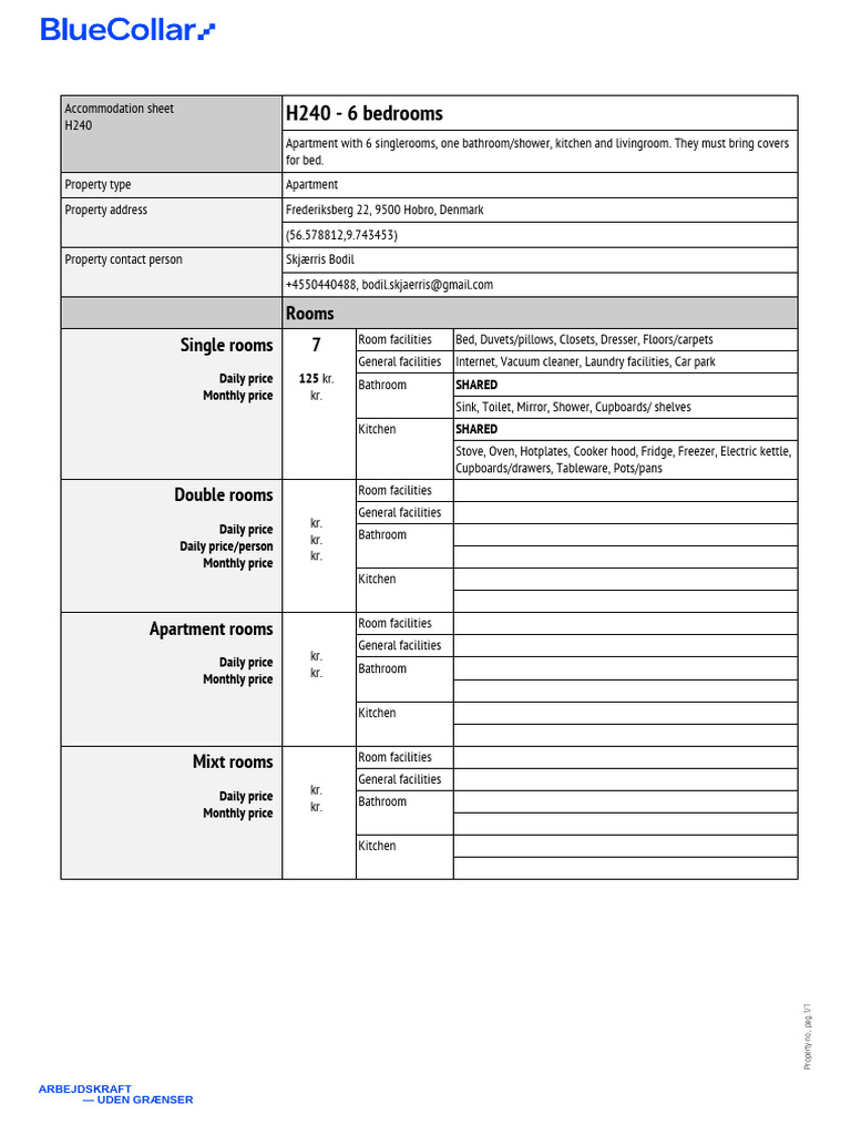Accommodation Sheet For H240 - 6 Bedrooms (H240) | PDF | Room | Bathroom