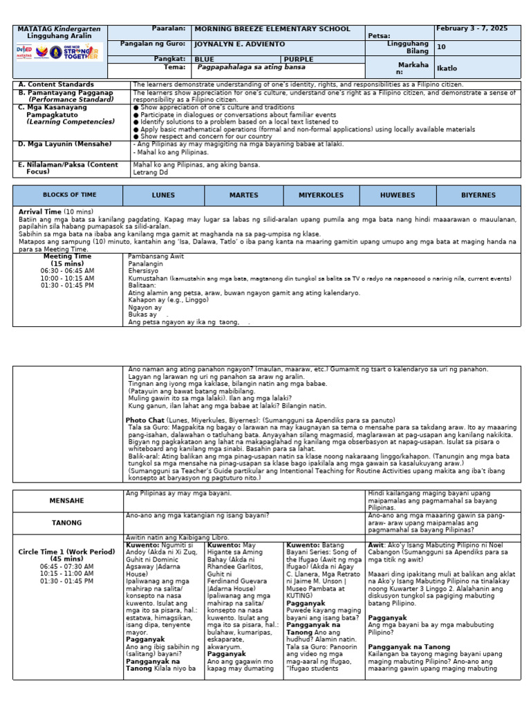MBES MATATAG Kindergarten Q3 WEEK 10 | PDF