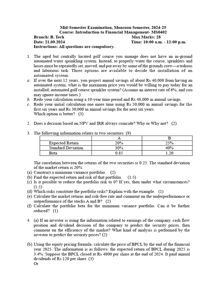 Mid-sem Questions MSO402 | PDF | Bonds (Finance) | Dividend