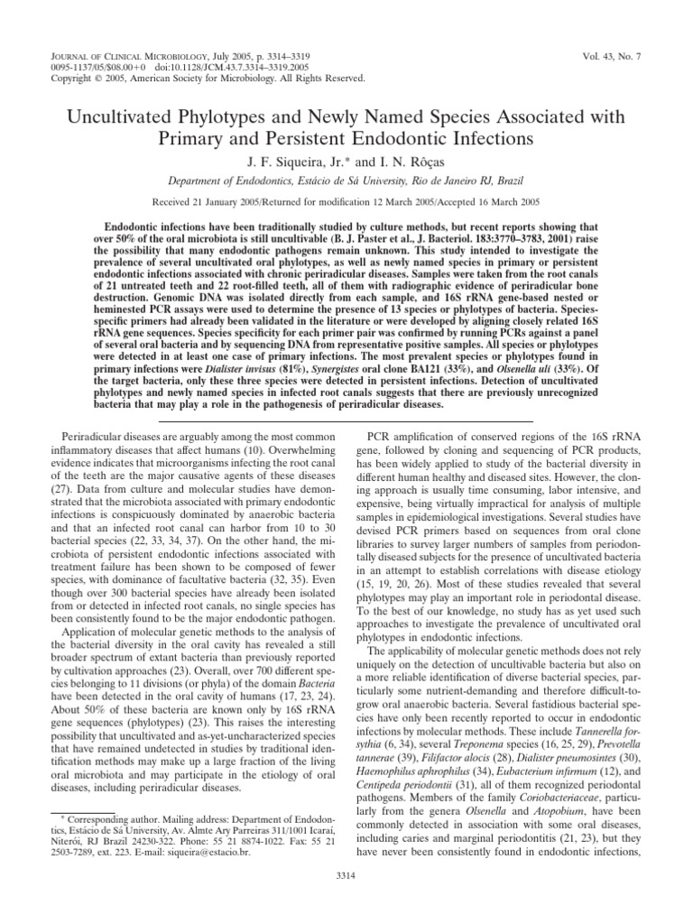Uncultivated Bacteria in Endodontic Infections | PDF | Polymerase Chain ...
