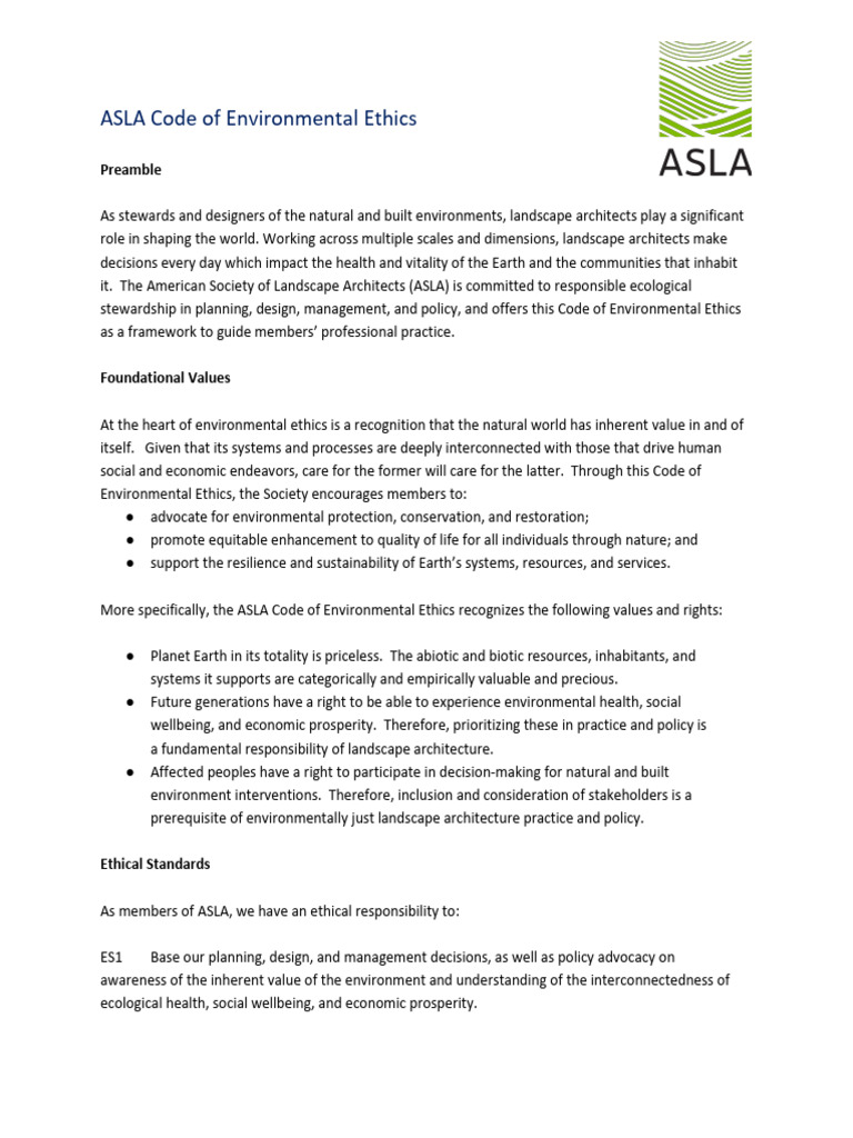 ASLA Environmental Ethics Code | PDF | Environmental Ethics | Natural ...