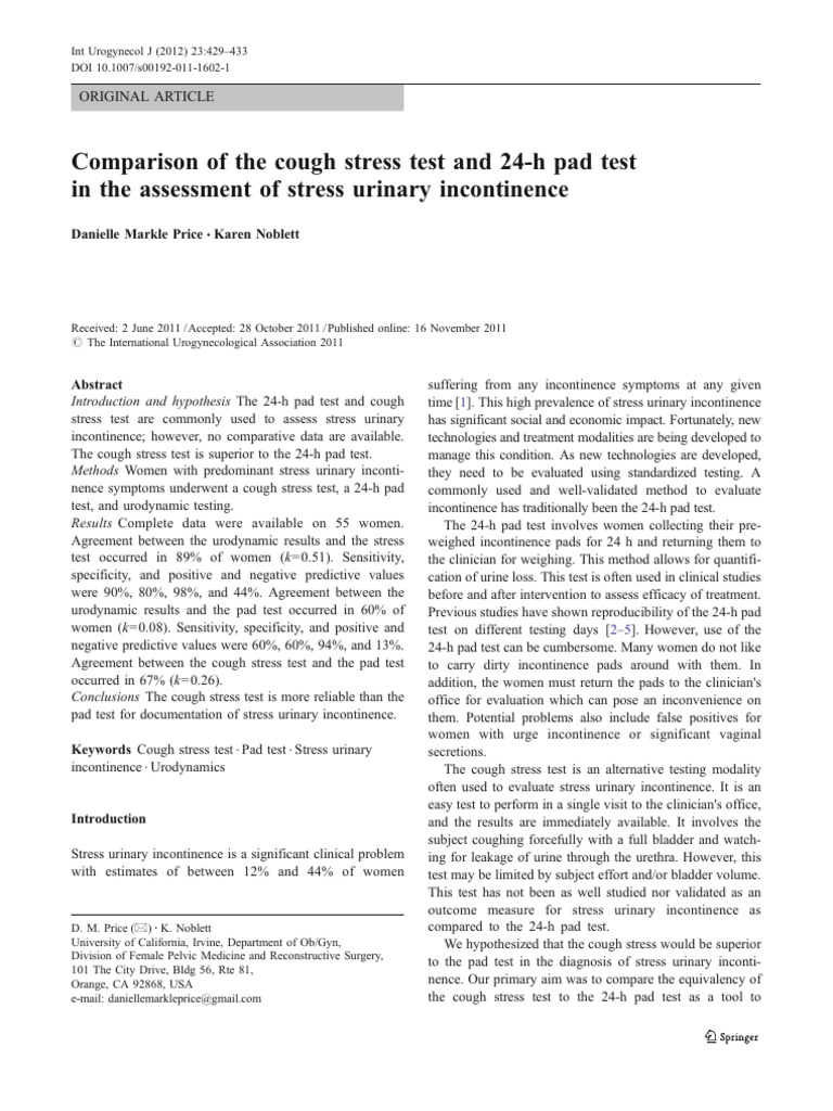 Comparison of The Cough Stress Test and 24h Pad Test in The Assessment ...