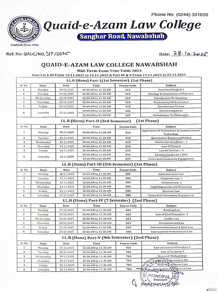 Midterm Time Table 1st Semester 2025 | PDF