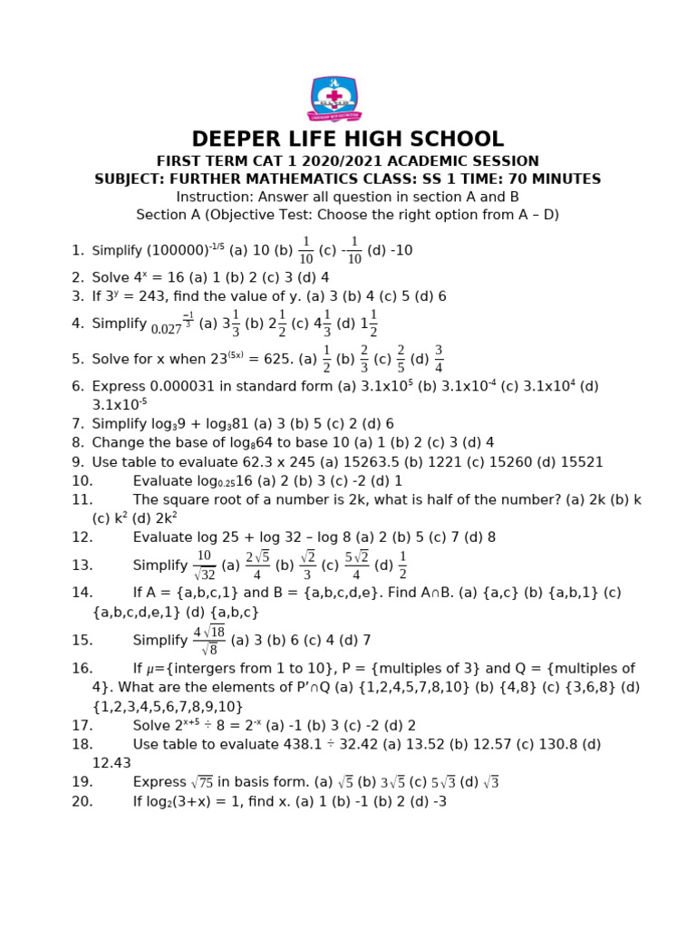 Ss 1 Further Maths Cat 1 1st Term 2020-2021 | PDF | Chess | Chess Theory