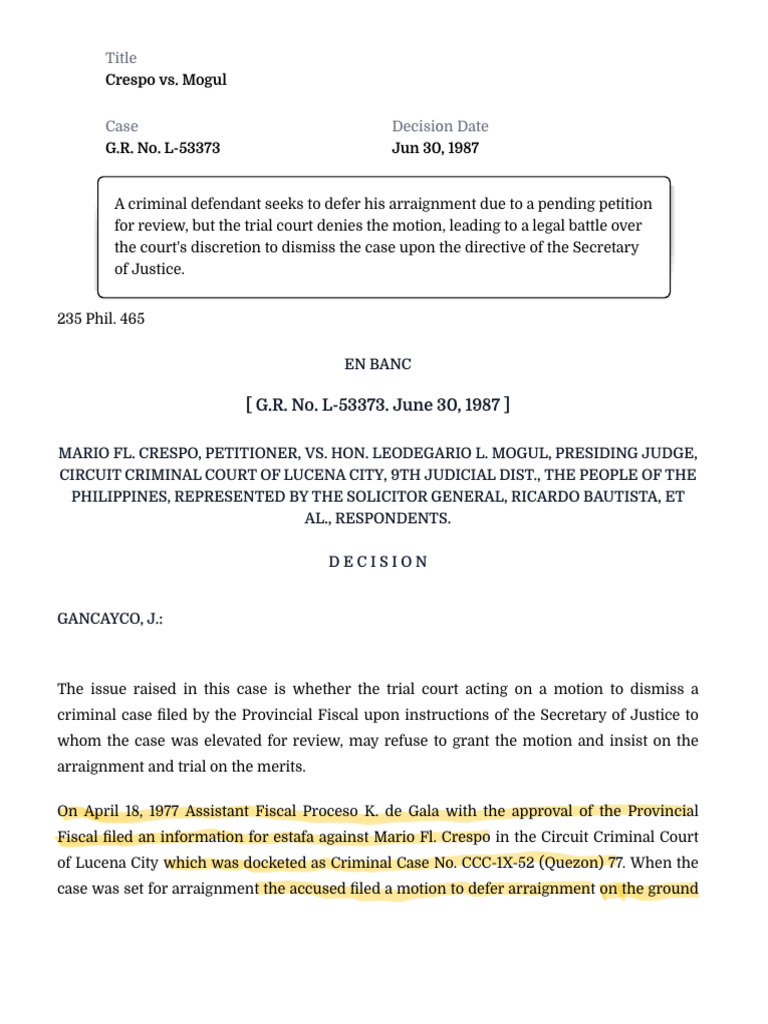 G.R. No. L-53373 - Crespo vs. Mogul | PDF | Prosecutor | Acquittal