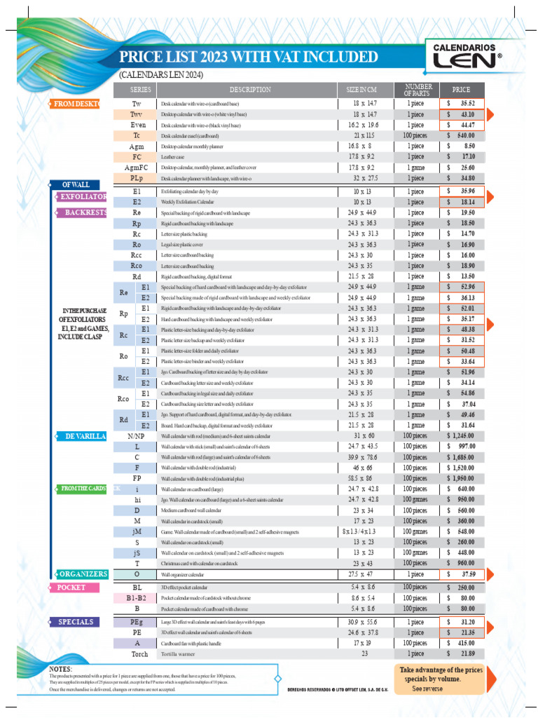 2023 Price List for Calendars with VAT | PDF | Stationery