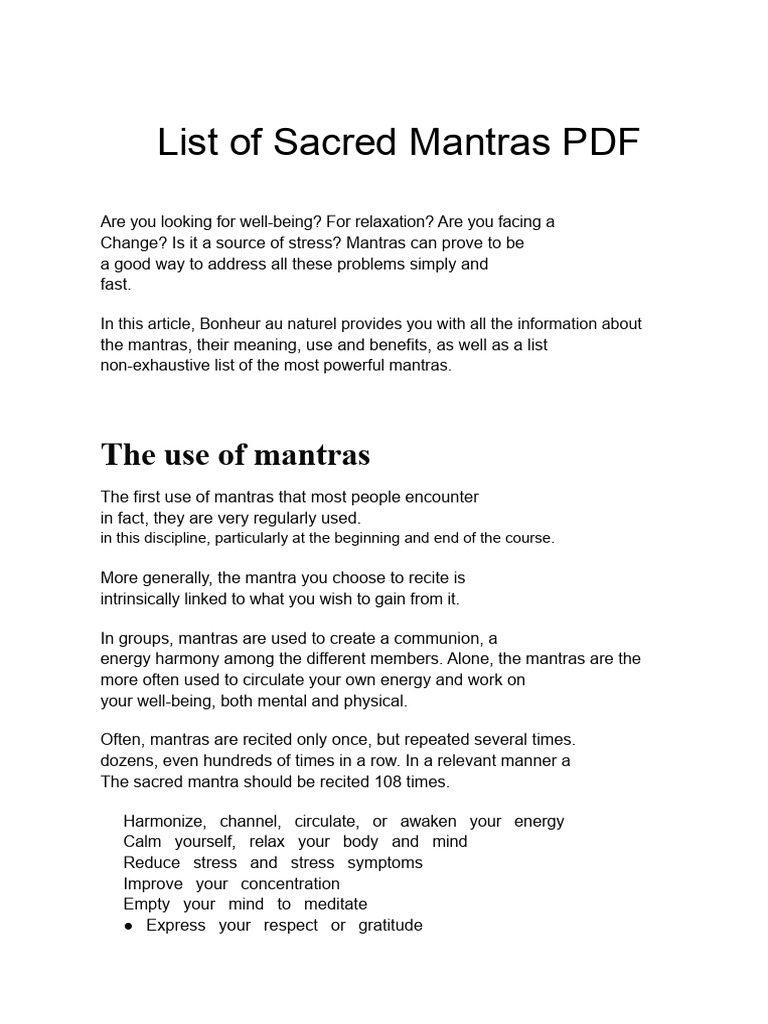 Powerful Sacred Mantras List PDF | PDF | Mantra | Relaxation (Psychology)