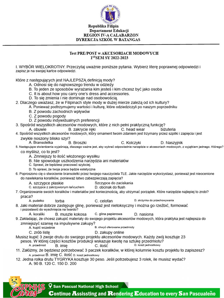 PrePost-Test-Akcesoria-Modowe-1 Semestr | PDF