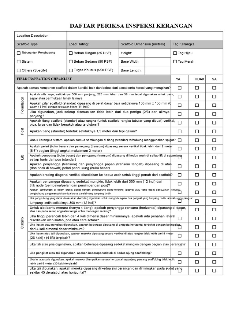 Daftar Periksa Inspeksi Perancah | PDF