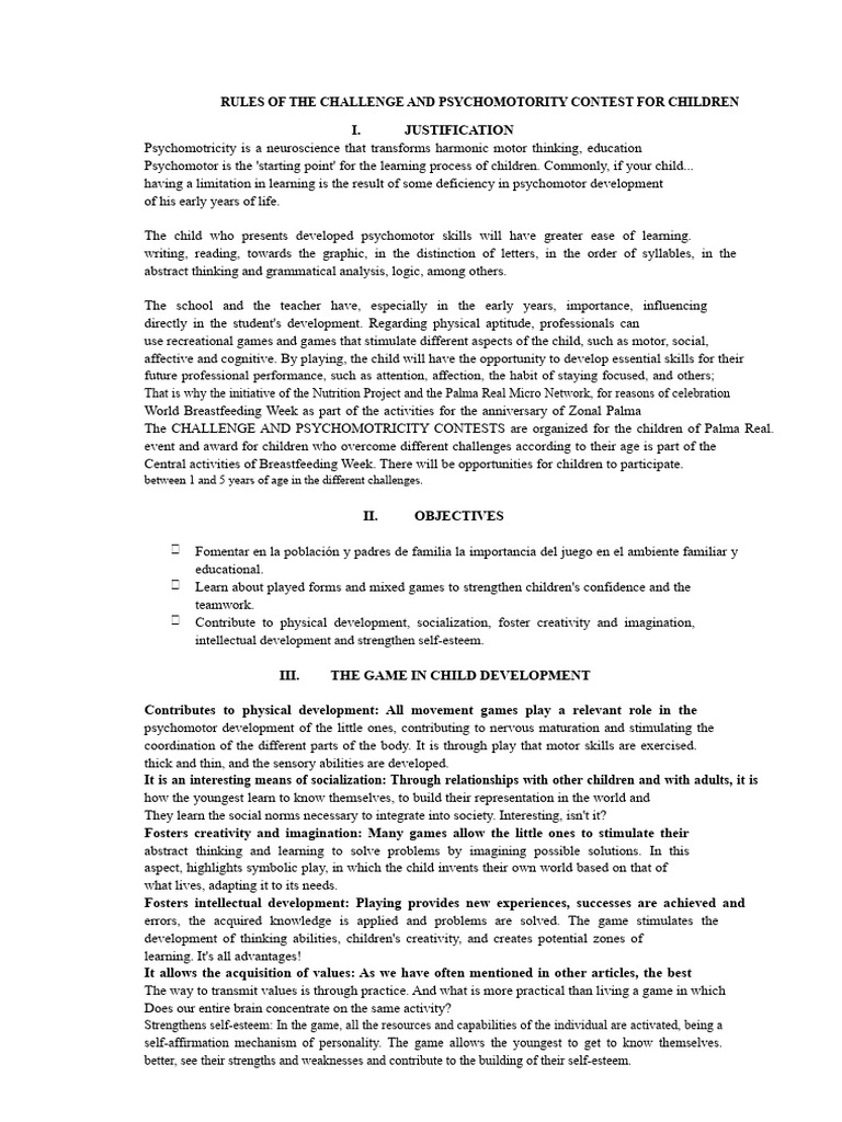 Contest Rules For Challenges and Psychomotor Skills For Children | PDF ...