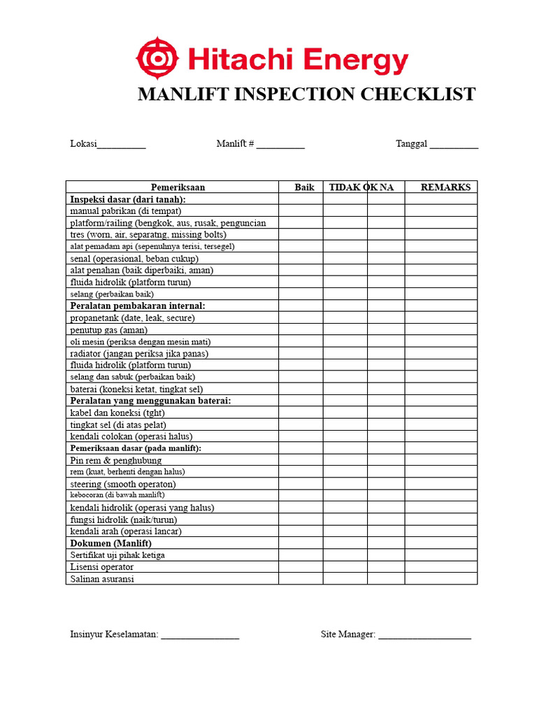 Checklist Inspeksi Manlift Lengkap | PDF