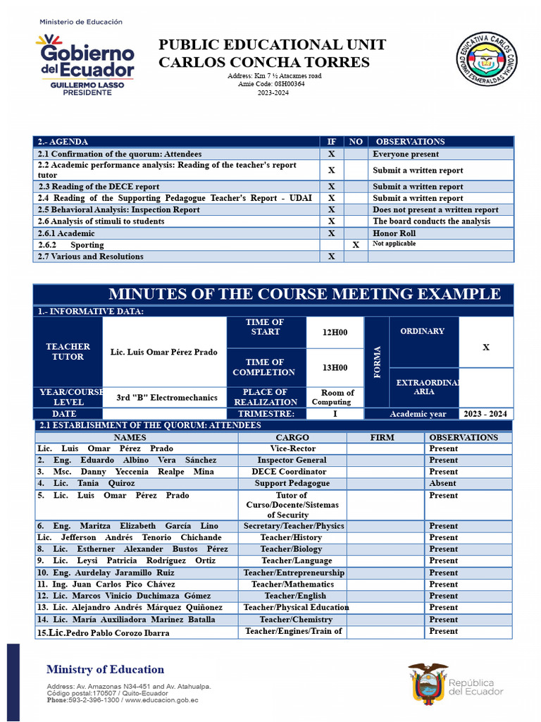 Course Meeting Minutes 2023-2024 | PDF