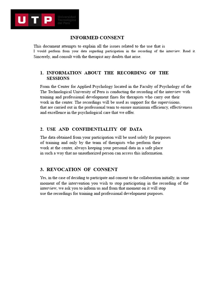 Model of Informed Consent For The Recording of Psychotherapy Sessions ...