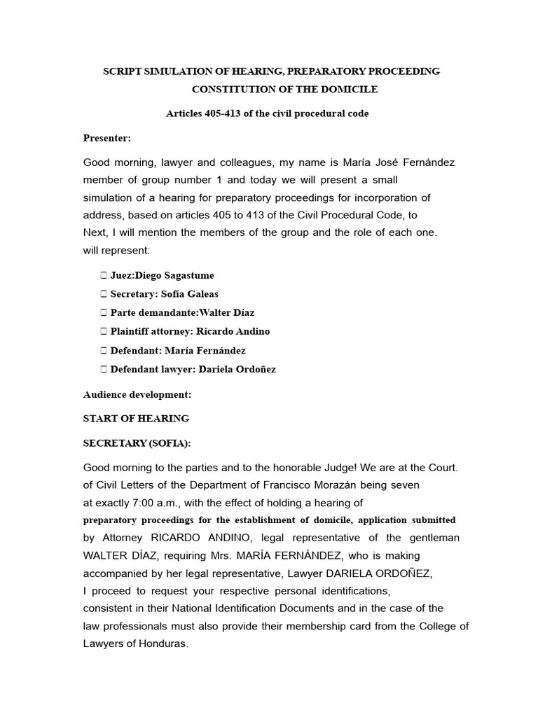 Script Simulation of Audience Preliminary Hearing | PDF | Lawsuit | Judge