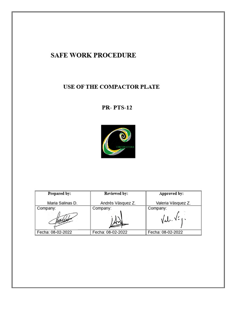 PR-PTS-12 Safe Work Procedure Use of Compactor Plate | PDF | Personal ...