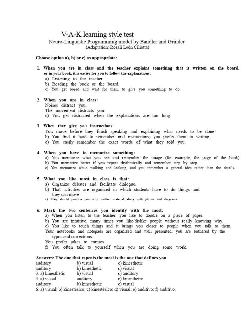 Test of Visual, Auditory, and Kinesthetic Learning Styles | PDF ...
