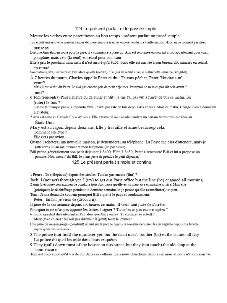 Présent parfait vs passé simple : exercices | PDF