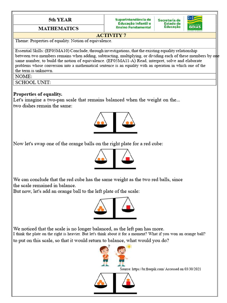 Activity 7 Mathematics Theme Properties of Equality Notion of ...