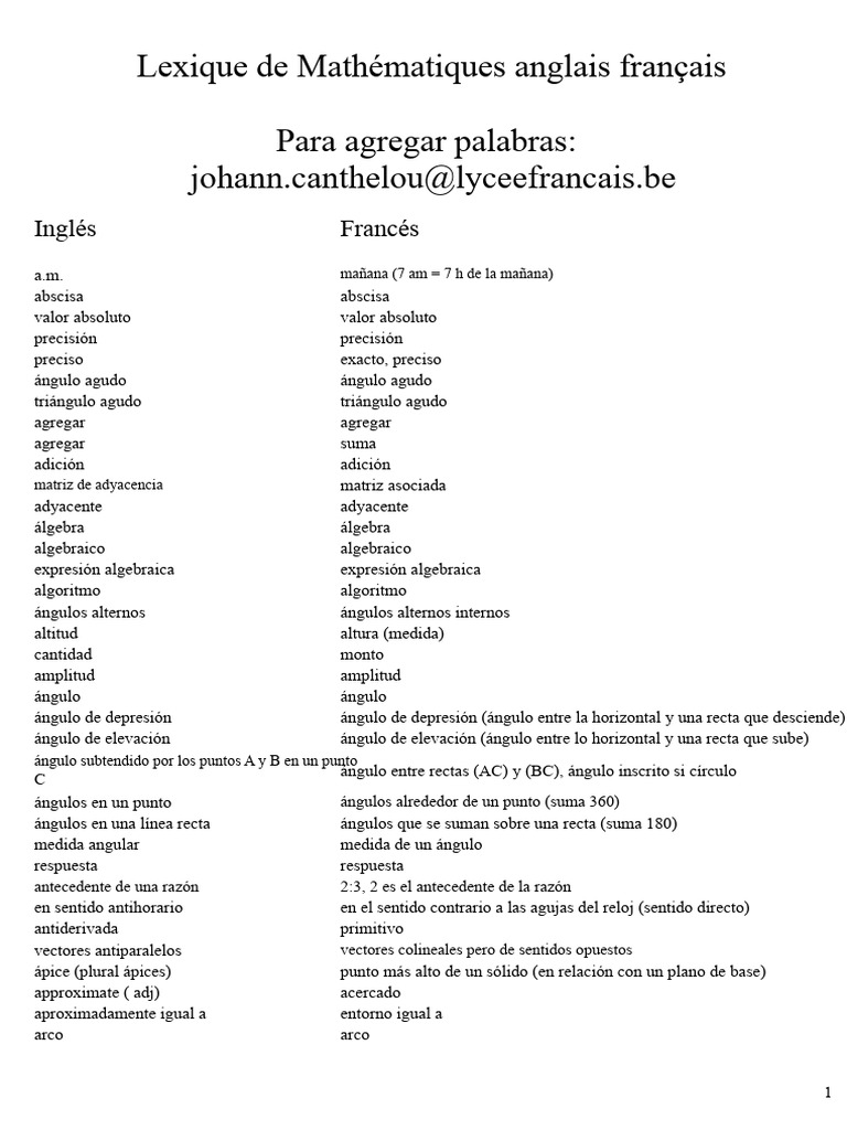 Diccionario. Inglés Francés. Matemáticas | PDF | Ángulo | Trigonometría
