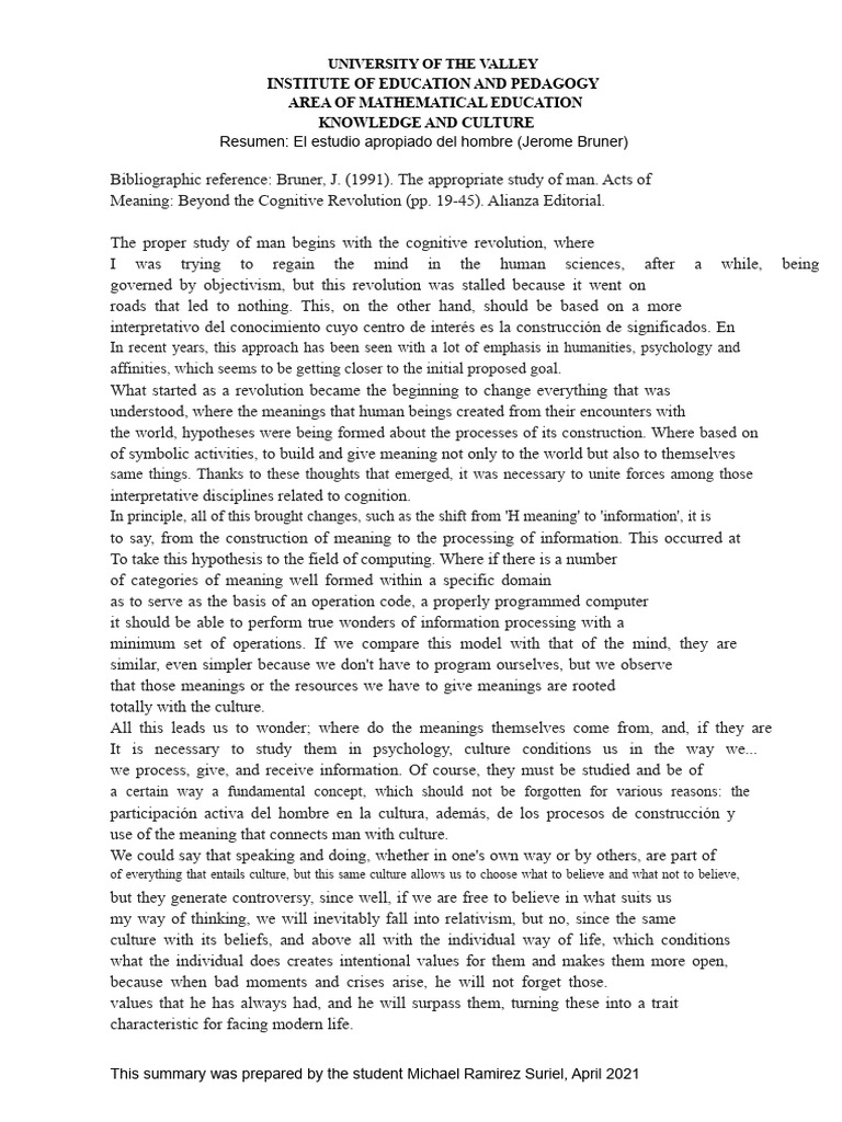 MICHAEL RAMIREZ SURIEL - Summary - The Appropriate Study of Man (Jerome ...