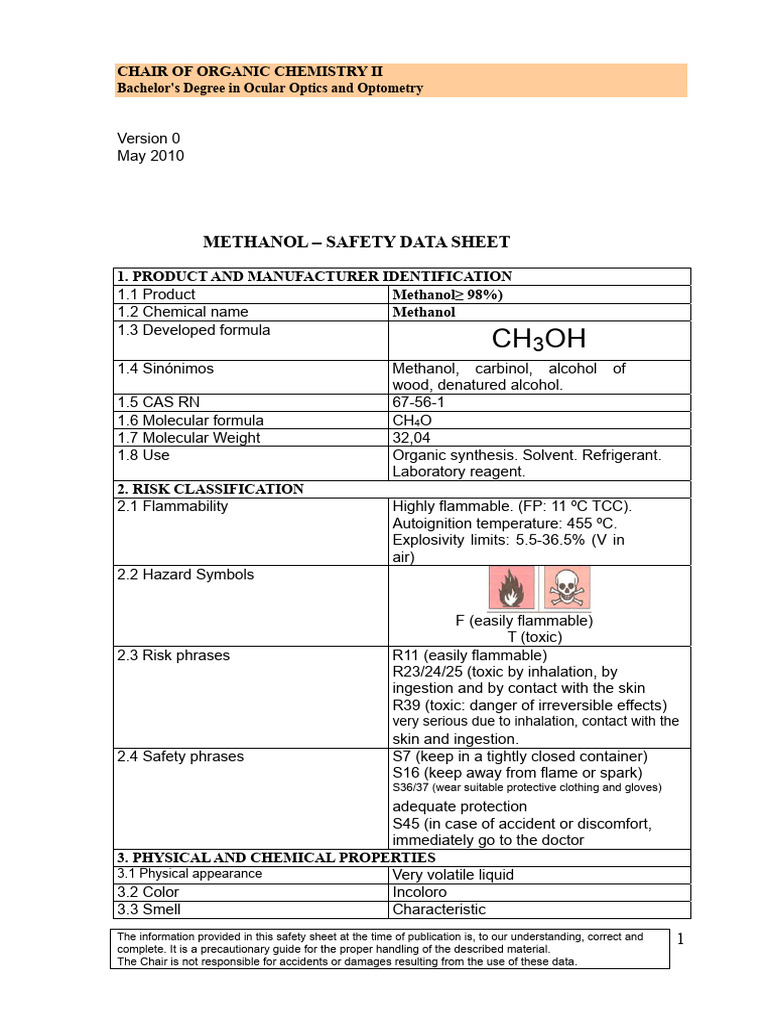 Methanol Safety Data Sheet | PDF | Methanol | Water