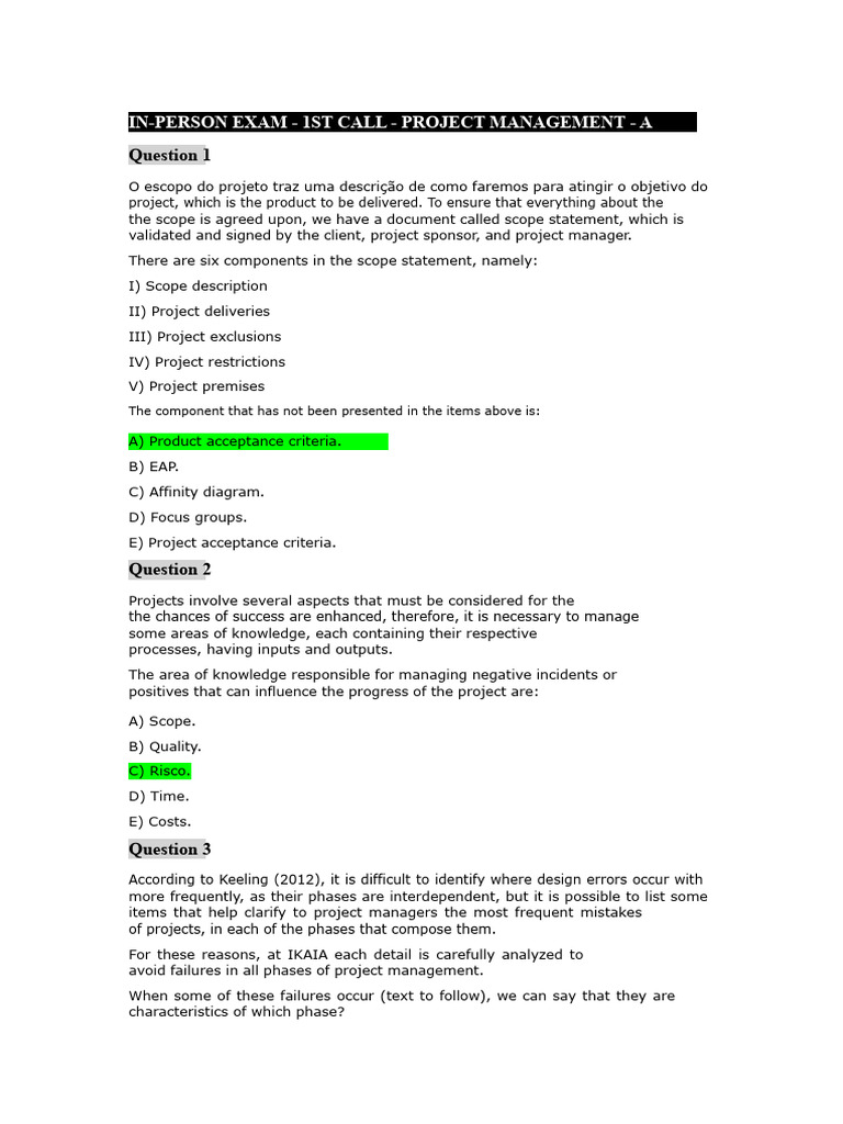 IN-PERSON EXAM - 1st CALL - PROJECT MANAGEMENT - A | PDF | Project ...