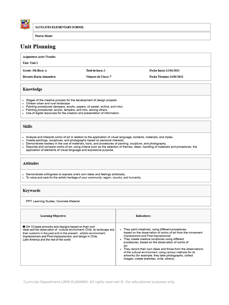Visual Arts 5th Grade Unit 1 | PDF | Paintings | Impressionism