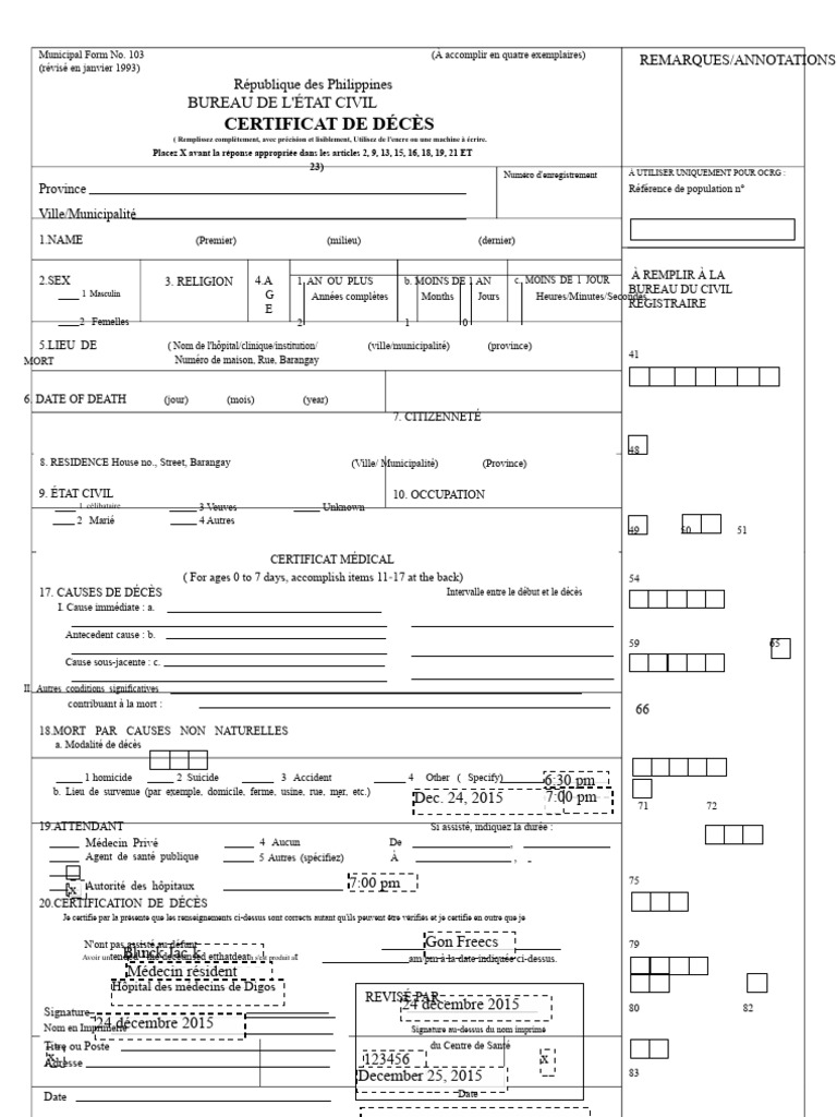 Certificat de décès - Formulaire municipal 103 | PDF | Autopsie