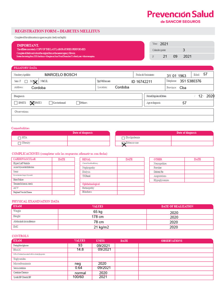Diabetes Prevention Form - Pac Bosch | PDF | Diabetes | Comorbidity