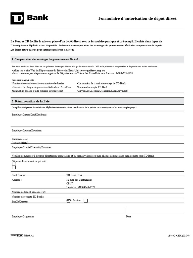 Formulaire de dépôt direct TD Bank | PDF | Banques | Chèque