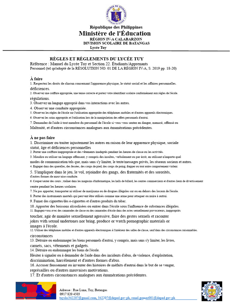 Règles et règlements du Lycée Tuy | PDF