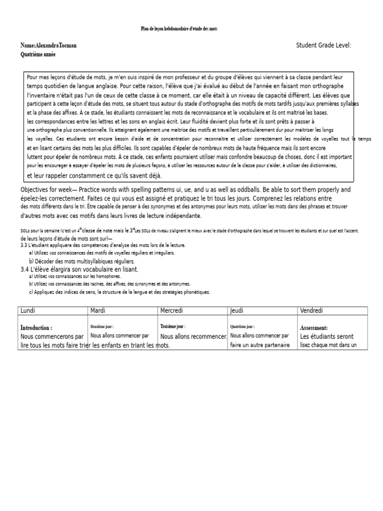 Plan de leçon : étude des mots en 4e année | PDF | Communication ...