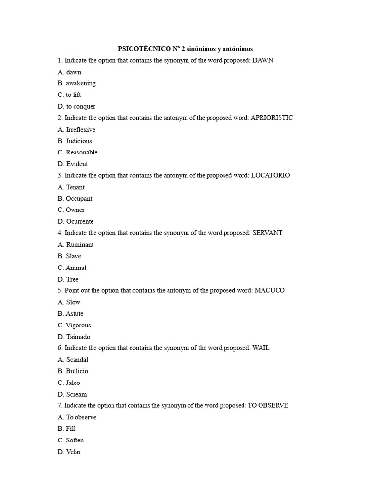 PSYCHOTECHNICAL TEST No. 2 Synonyms and Antonyms | PDF | Lexicology ...