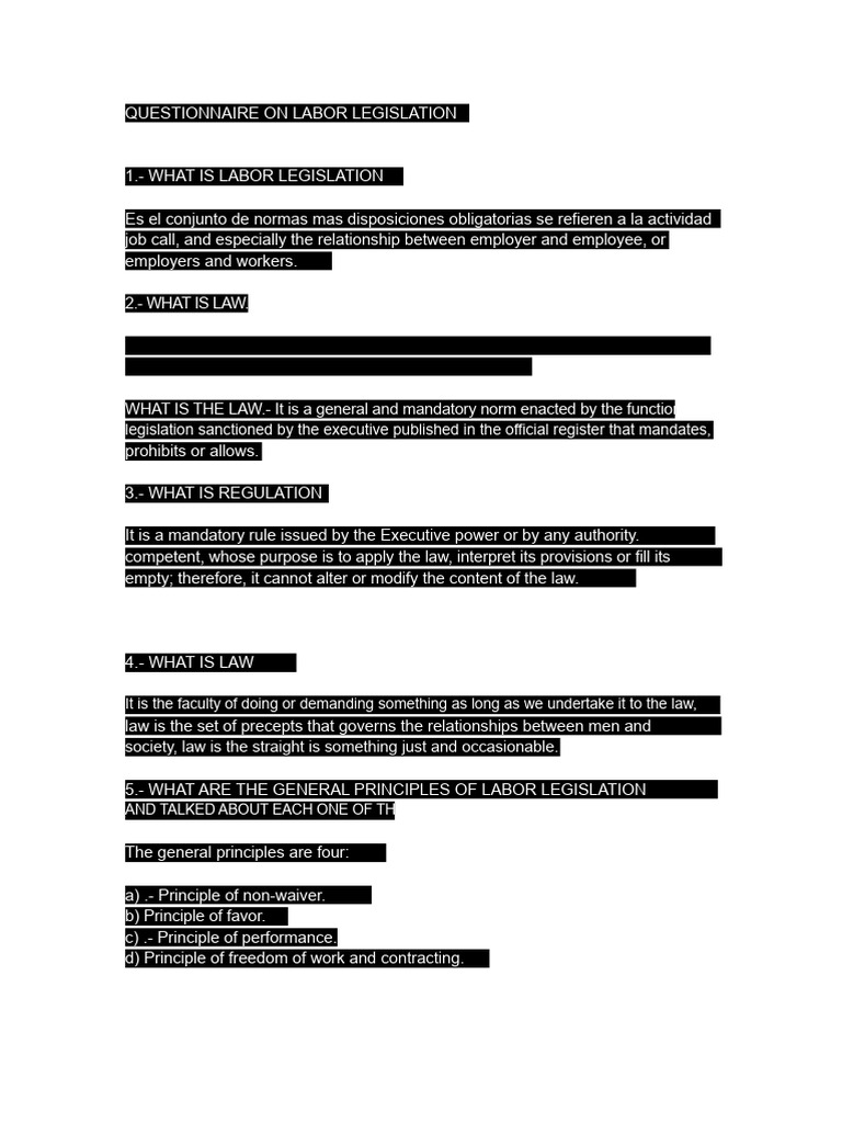 Labor Legislation Questionnaire 53 QUESTIONS AND ANSWERS | PDF ...