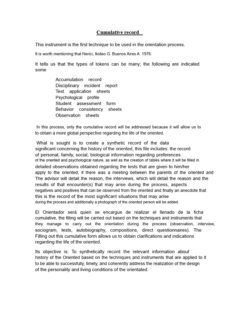 Definition of Cumulative Record and Observation - Orientation ...