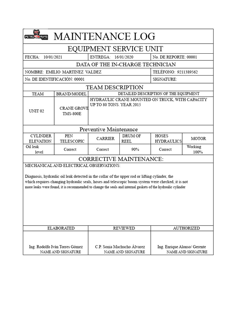 Maintenance Log Example | PDF