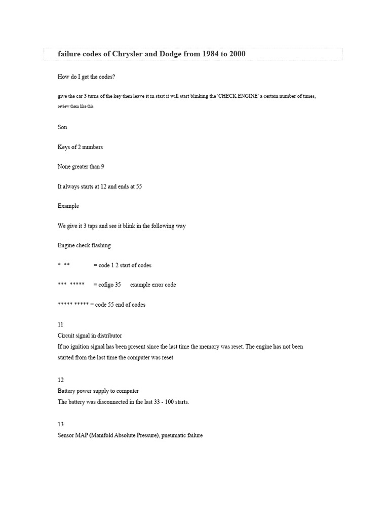 Fault Codes For Chrysler and Dodge From 1984 To 2000 | PDF | Throttle ...